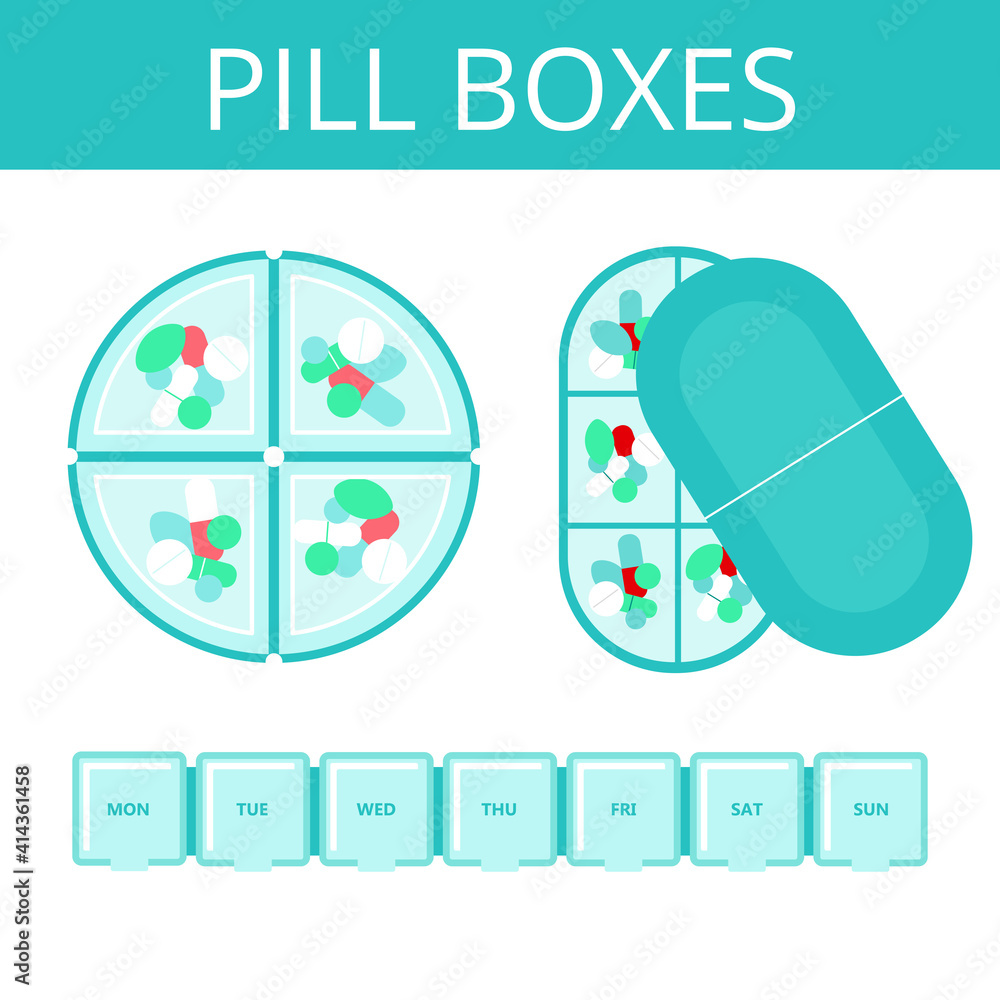 Set of pill boxes.Tablets and capsules in a plastic organizer.Medical ...