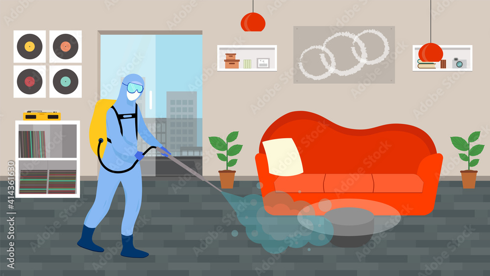Man in protective suit disinfects living room with spray gun ...