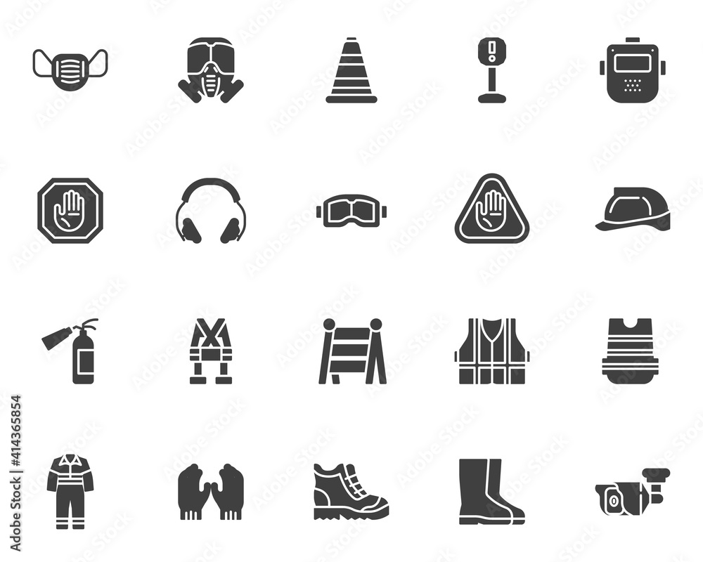 Safety workwear vector icons set, mandatory modern solid symbol ...