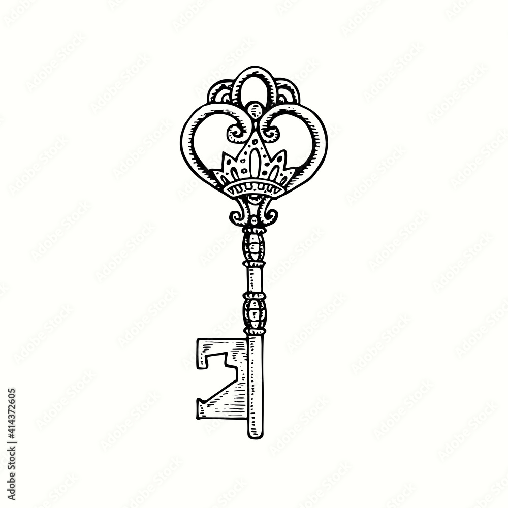 Hand drawn vintage key. Ink black and white drawing. Vector ...