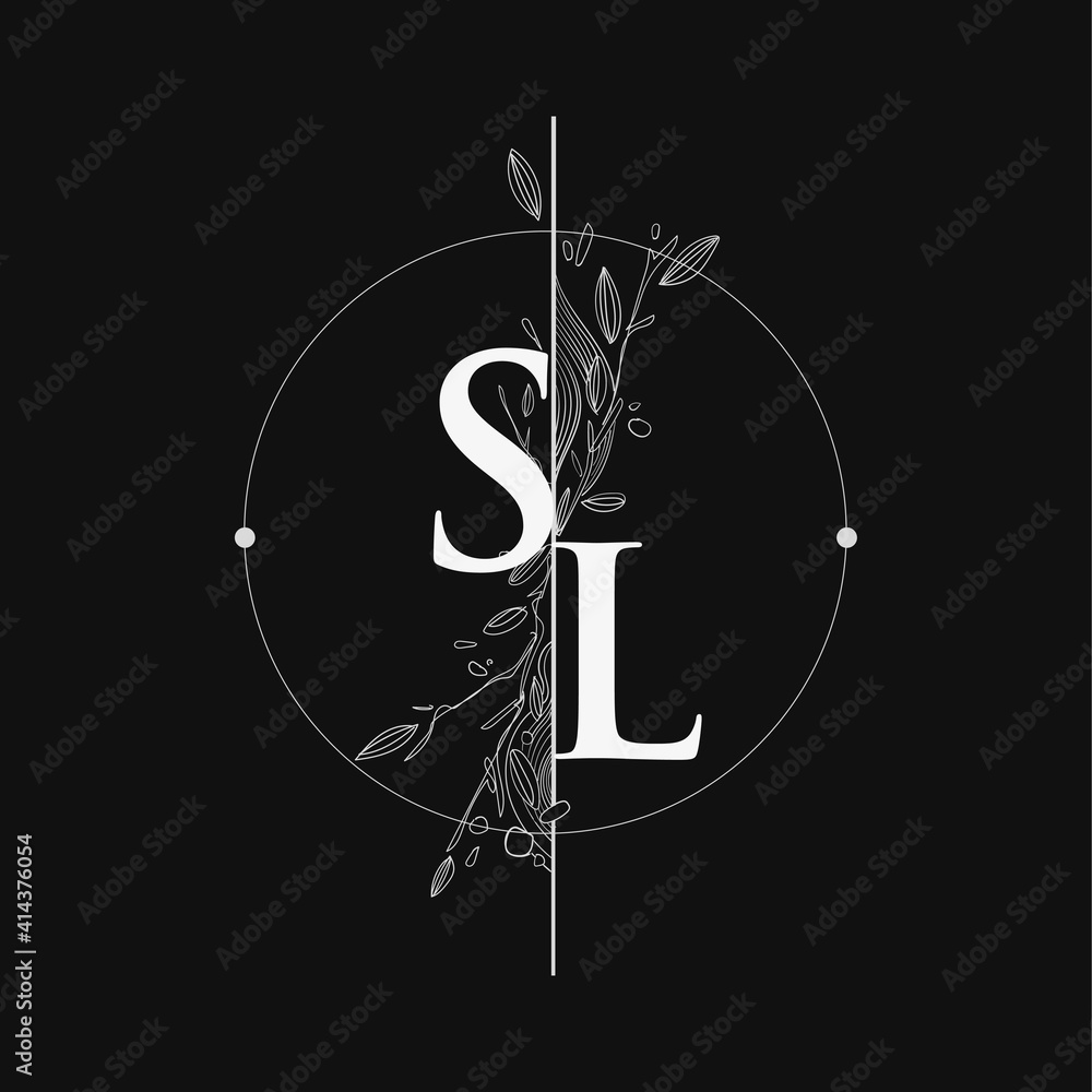 Letter SL Initial Logo with Hand Draw Floral, Initial Wedding Font Logo ...