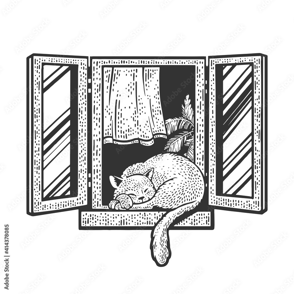 Cat sleeps on windowsill in open window sketch engraving vector ...