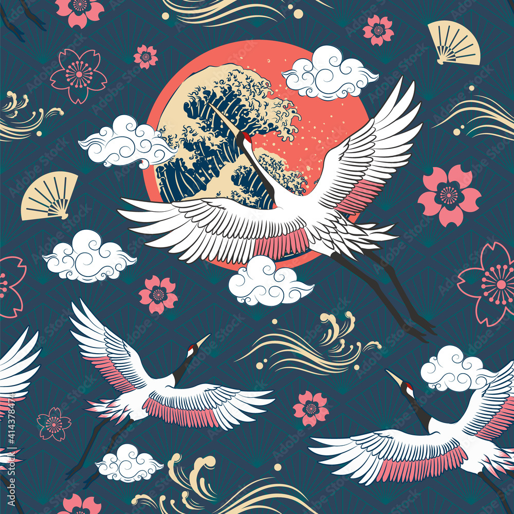 Seamless Japanese Repeat Pattern Colorful Theme with Flying Cranes with ...
