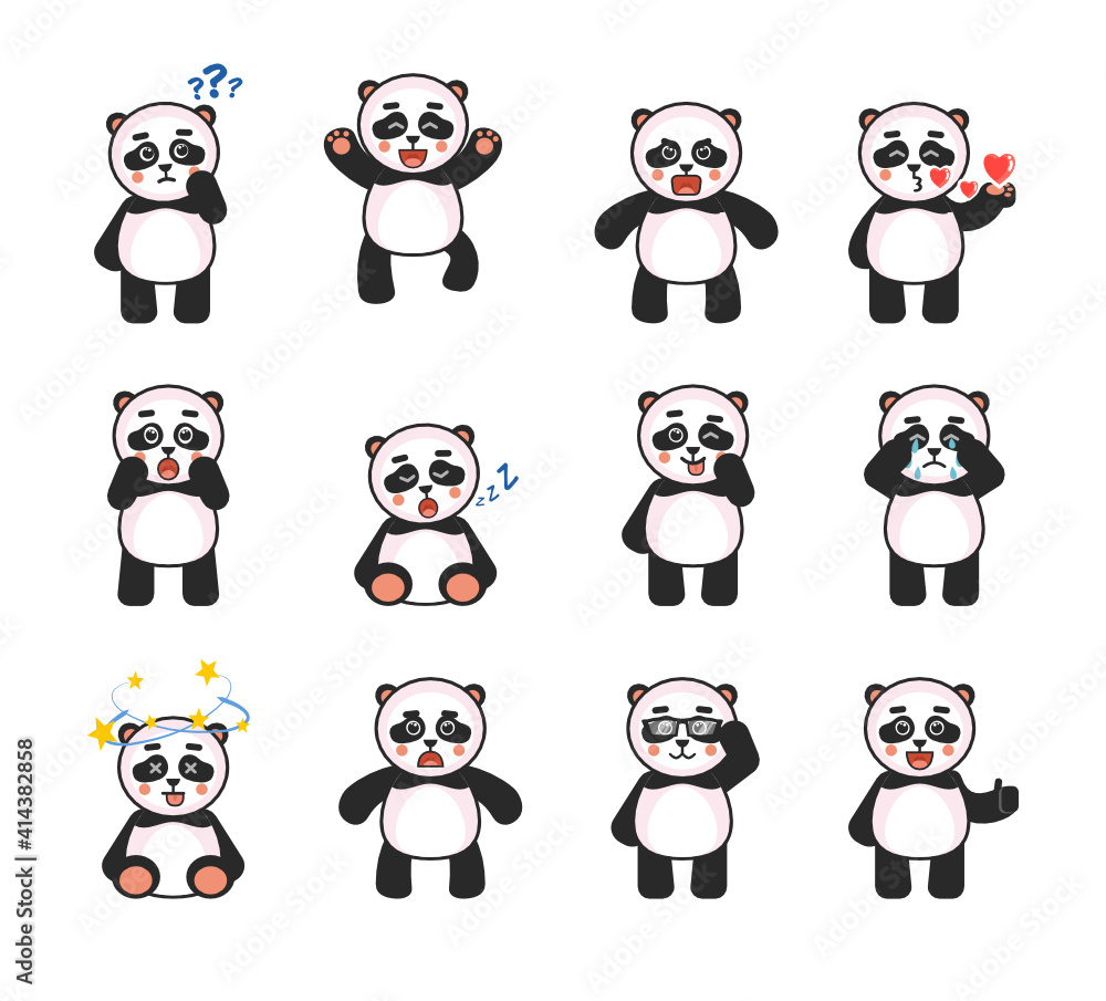 Set of cute panda bear character showing various expressions. Panda ...