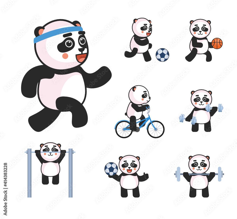 Vecteur Stock Panda mascot doing various sports set. Cute panda running ...