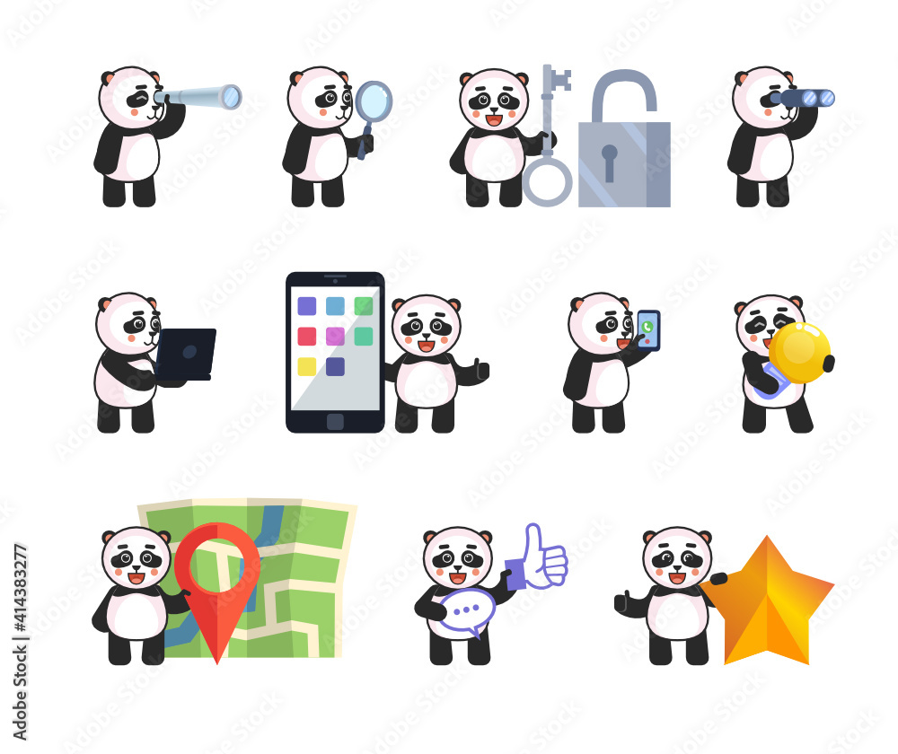 Set of cute panda characters in various situations. Kawaii panda ...