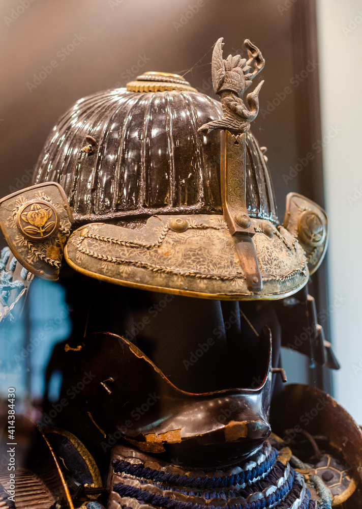 Original medieval japanese samurai armor (yoroi) in the museum. Samurai ...