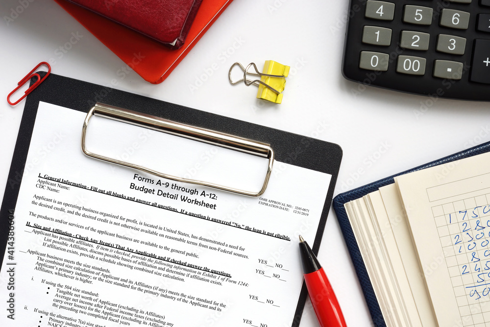 SBA form Forms A-9 through A-12: Budget Detail Worksheet Stock Photo ...