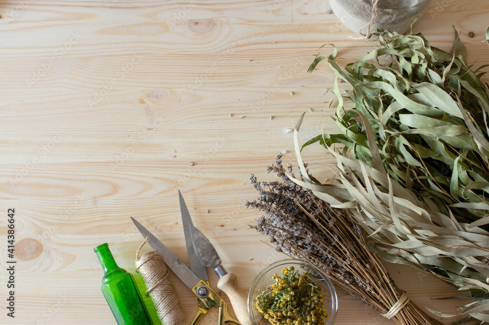 Eco flat lay with organic cosmetics, glass bottles, soap and shampoo ...