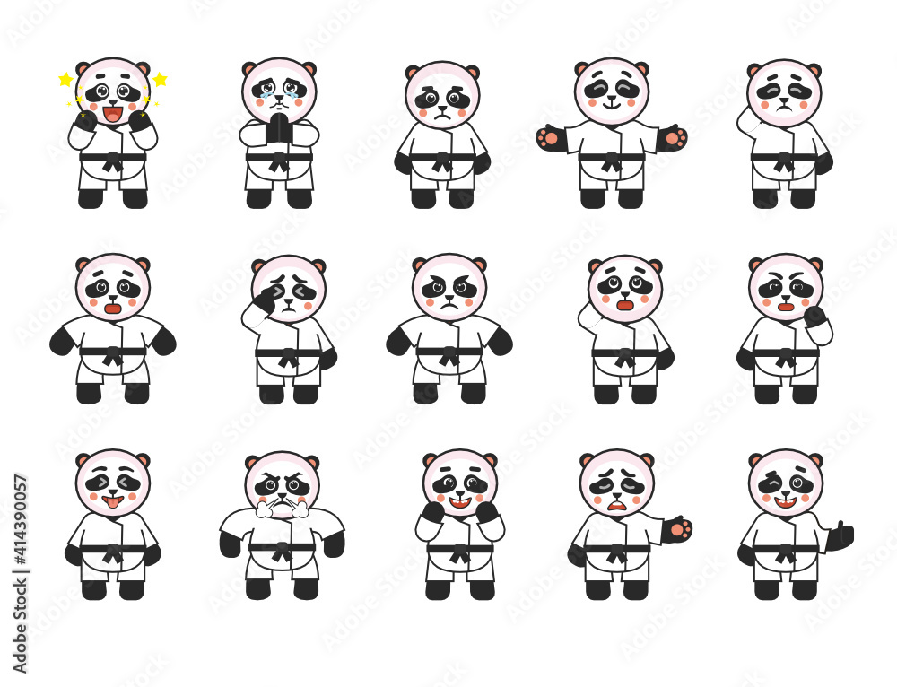 Set of karate panda mascots showing various emotions. Karate panda ...