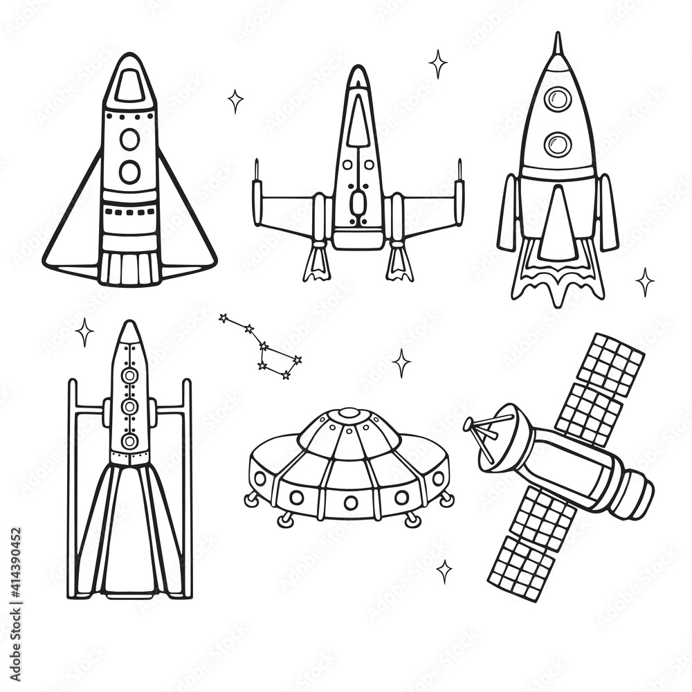 Cartoon spaceship. Set of vector children's coloring pages isolated on ...