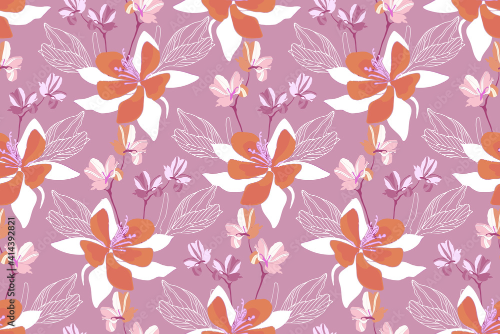 Art floral vector seamless pattern. Vector flowers isolated on a purple ...