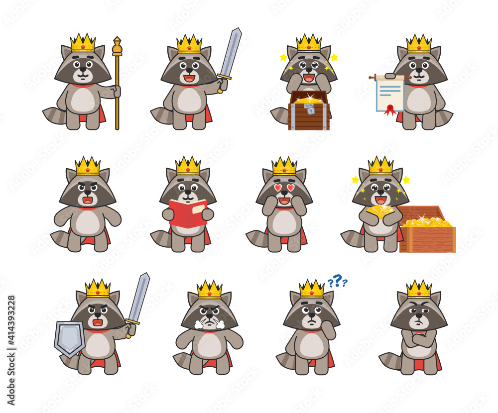 Set of raccoon king mascots in various situations. Cute raccoon king ...