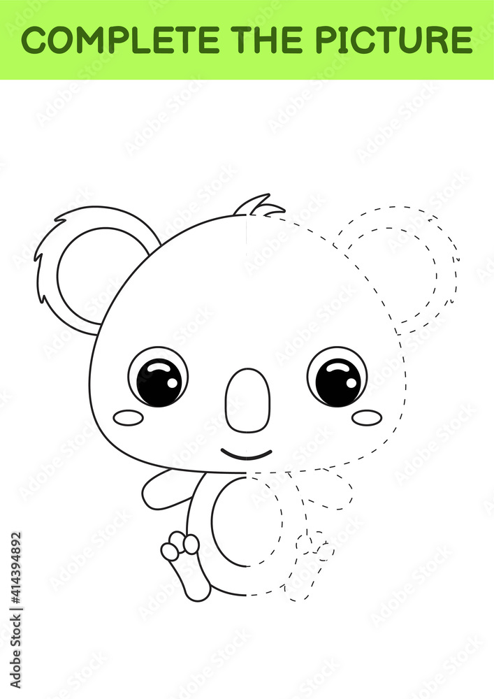 Complete drawn picture of cute koala. Coloring book. Dot copy game ...