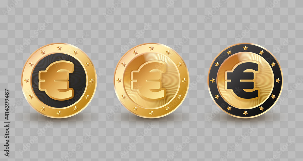 Set of concept different gold, golden, black coins, euro, currency on ...