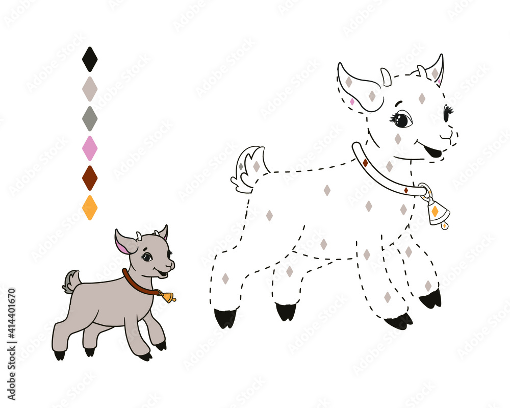 coloring book, by numbers, a little goat jumps merrily by ringing a ...