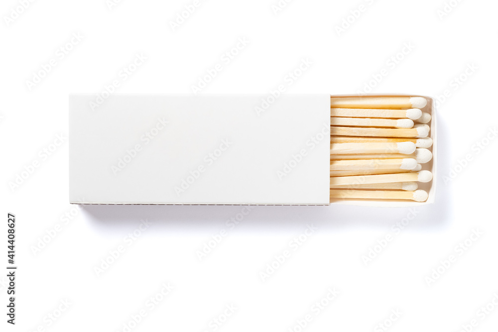 white matchbox and white match sticks on a white background with ...