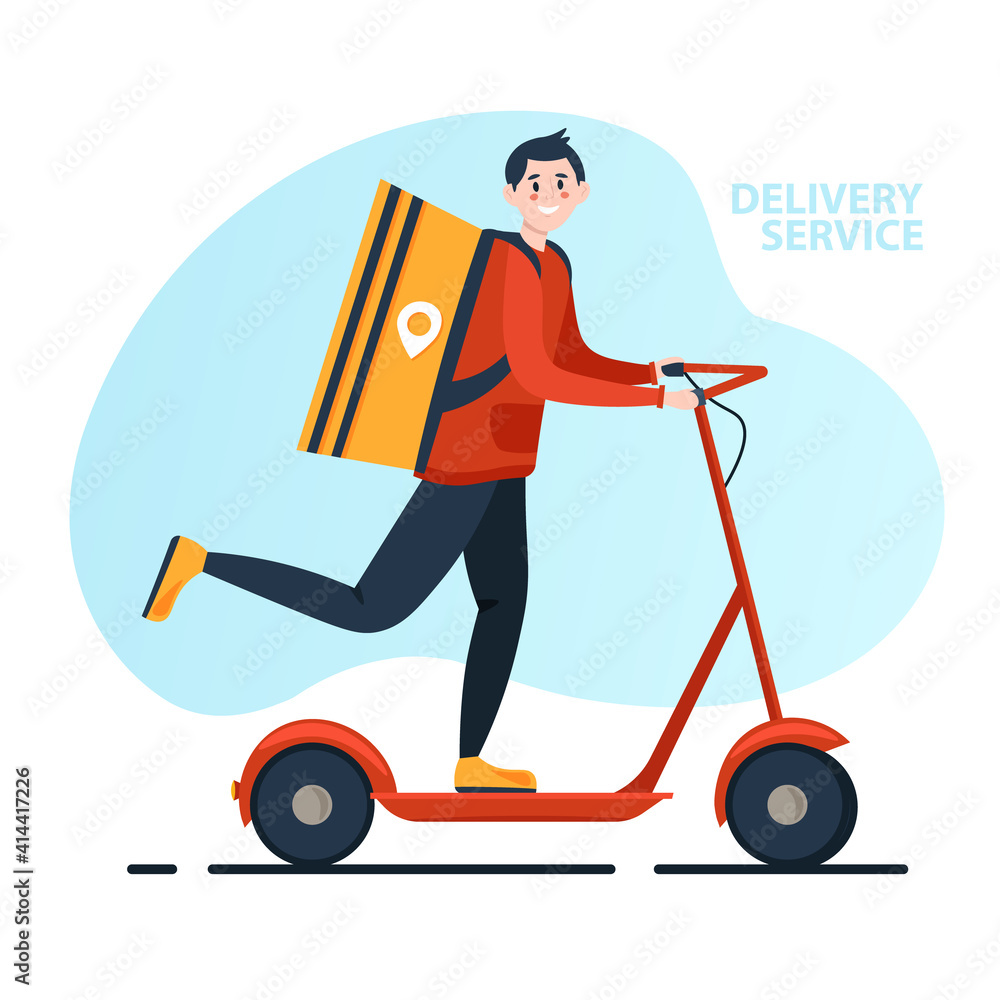 Delivery service. Courier riding on electric scooter with package box ...