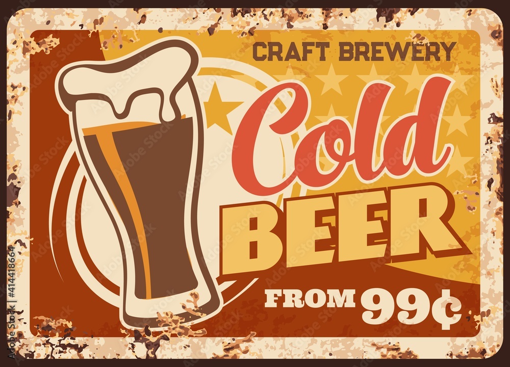 Cold craft beer rusty metal plate, brewery production vector vintage ...