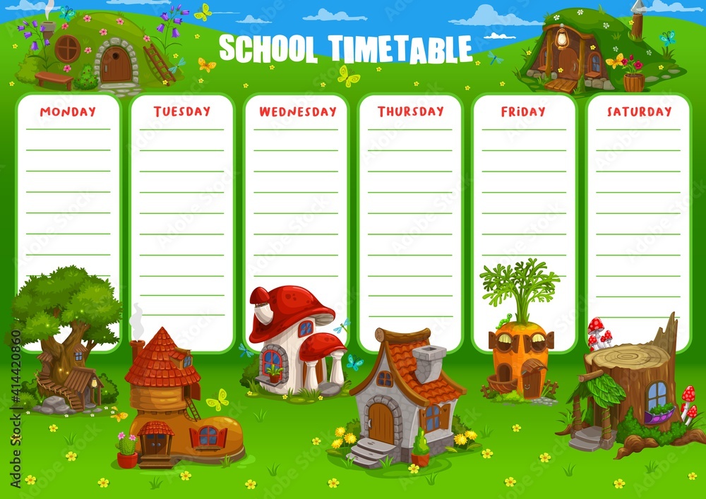 School timetable vector schedule template with cartoon dwarf, gnome and ...