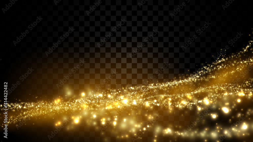 Gold particle dust isolated on dark transparent background. Defocused ...