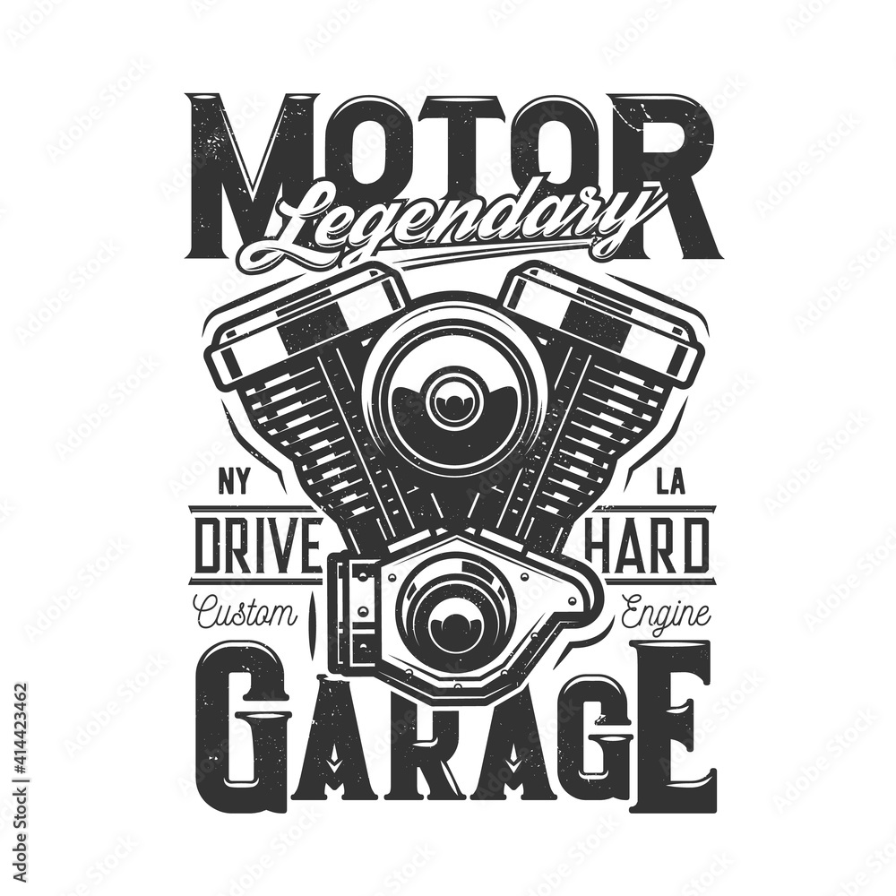 Tshirt print with motorcycle engine, vector apparel design. Isolated ...