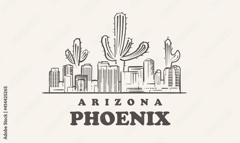 Phoenix skyline, arizona landscape hand drawn sketch Stock Vector ...