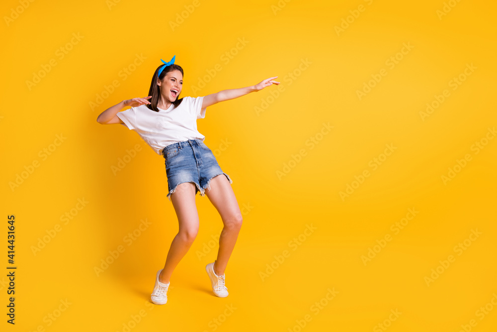 Full length body size view of lovely skinny funky cheerful girl having ...