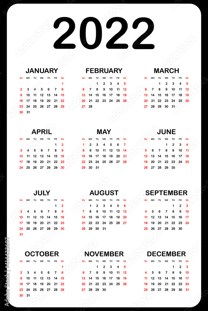 Calendar 2022 yearly. Week starts on Sunday. Vector illustration. Stock ...