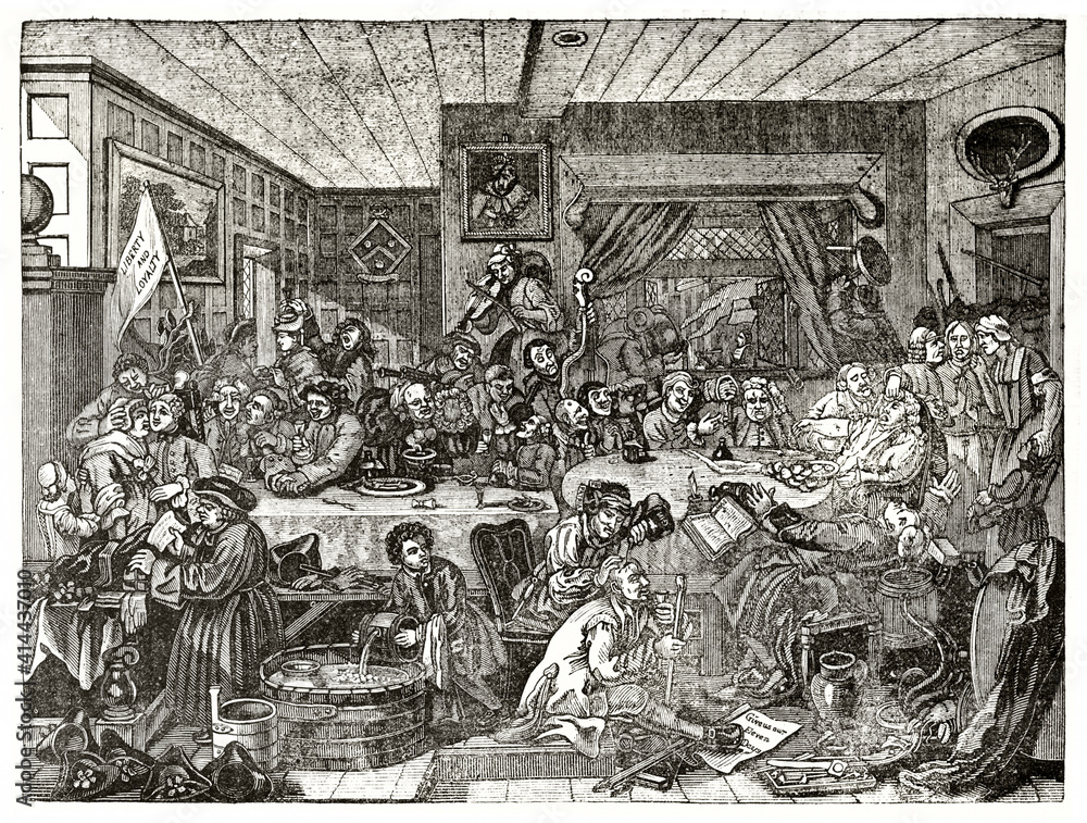 large crowd of uncouth people revelling indoor, drinking and laughing ...