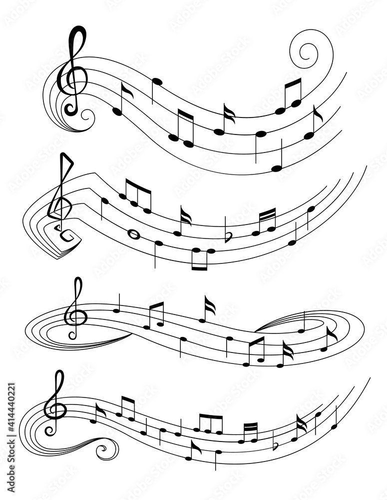 Set of music notes on staves. Music staff black notes symbols in ...
