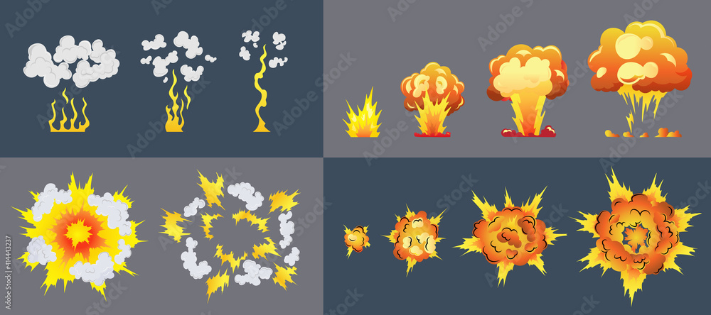 Cartoon explosion animation frames for game. Boom storyboard comics ...