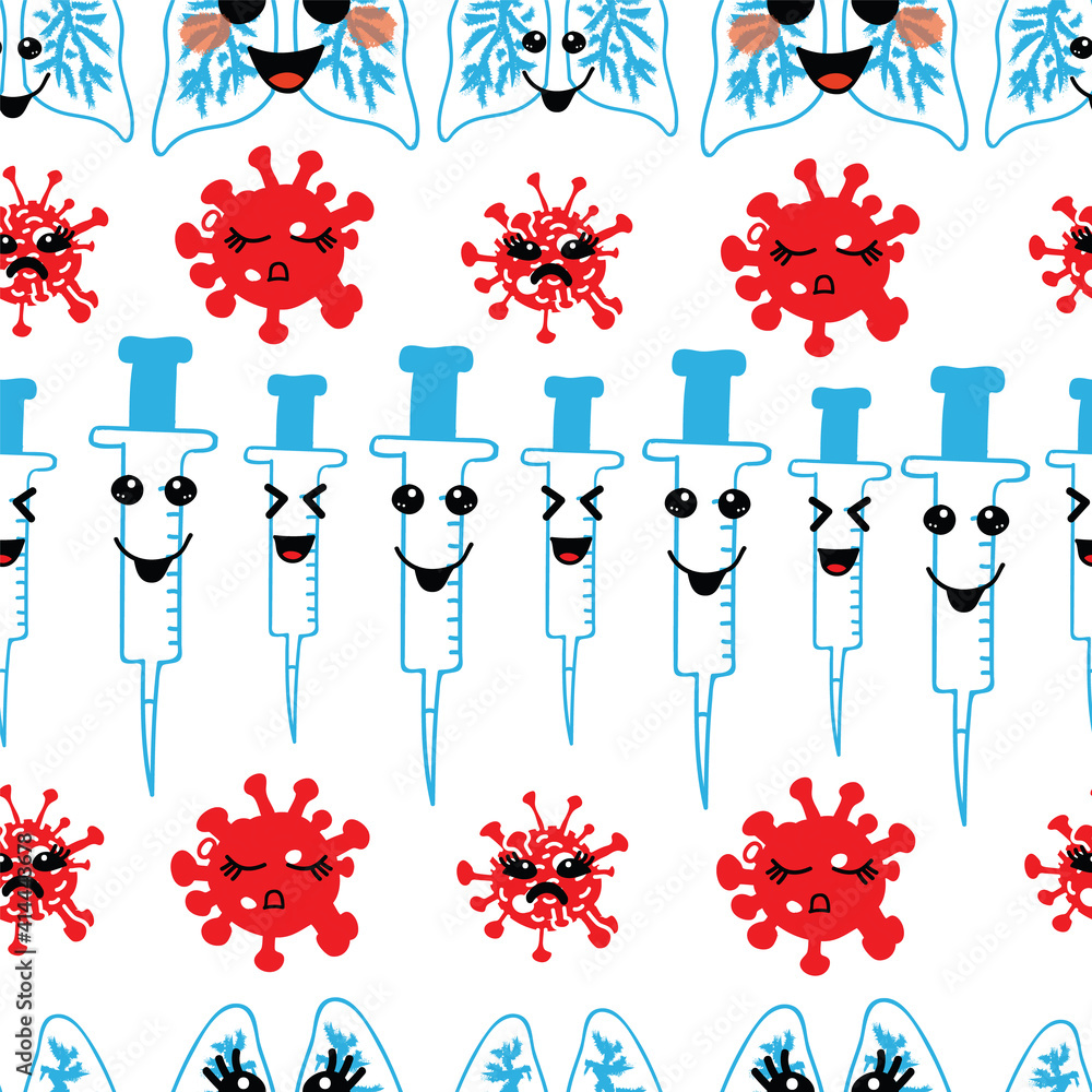 Vector seamless pattern, kawai kawaii unhappy coronavirus, happy ...