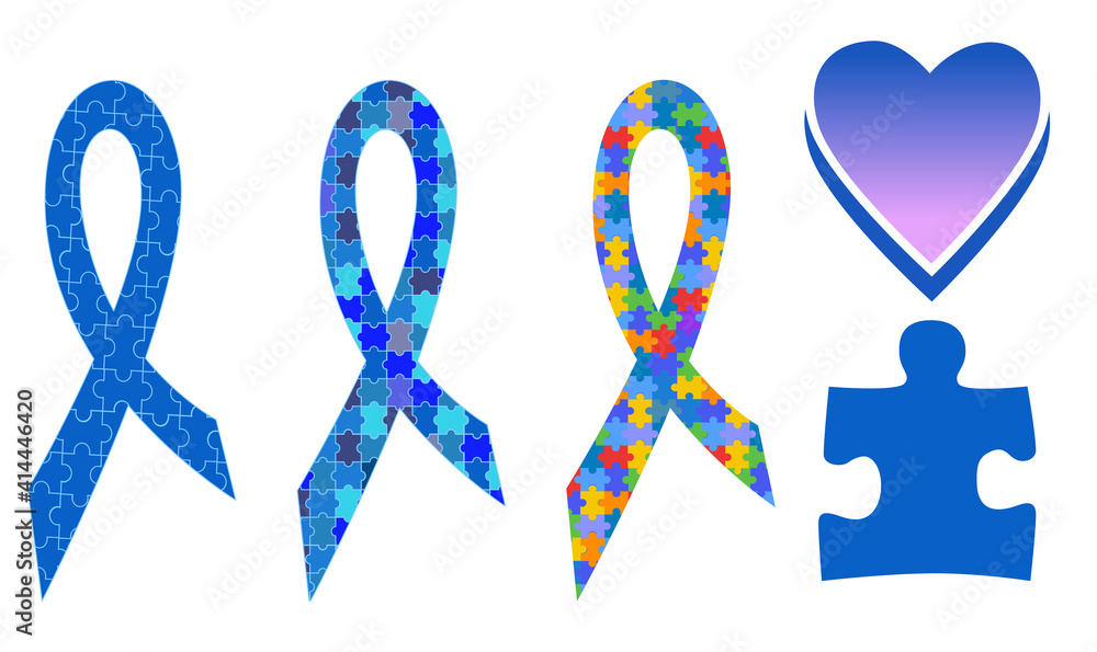 Autism Awareness Symbols. Puzzle Ribbons and Heart. Isolated Vector ...