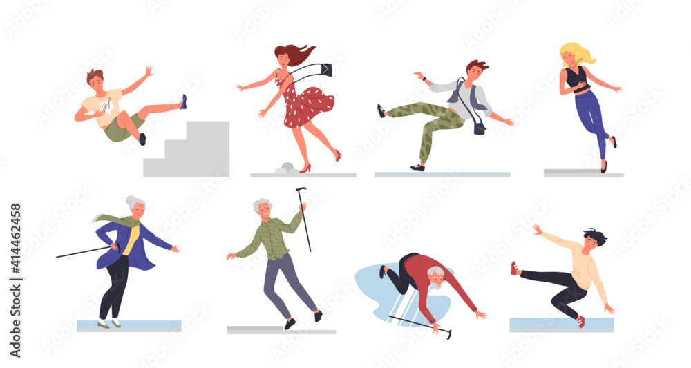 People fall set, young and old woman man falling down ladder stairs or ...