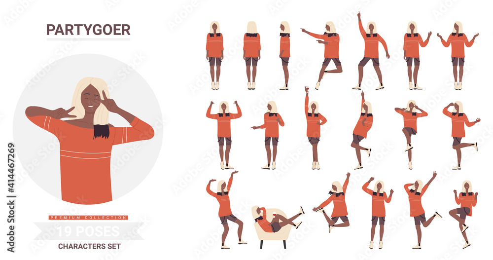 Young woman poses on dance party vector illustration set. Cartoon happy ...