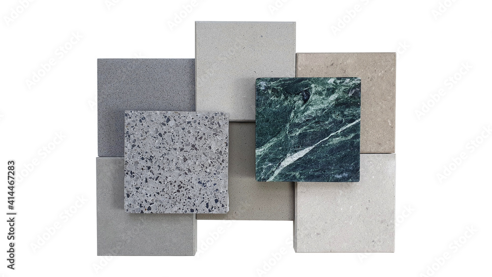 collection of interior stone or quartz and marble material samples ...
