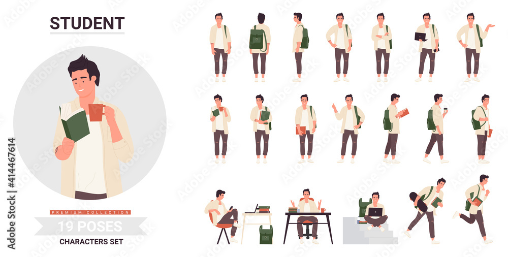 Student young man poses infographic vector illustration set. Cartoon ...