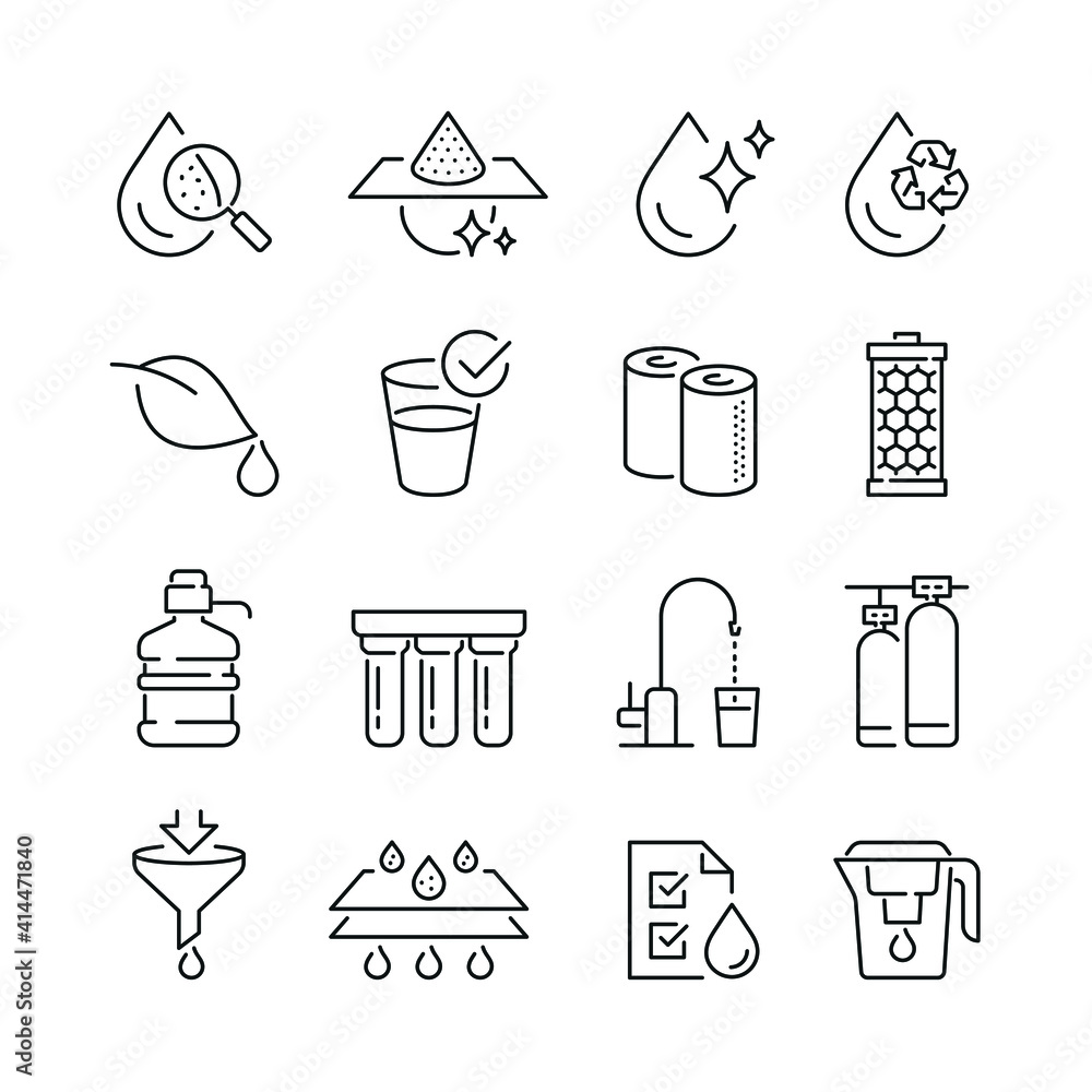 Water filtration related icons: thin vector icon set, black and white ...