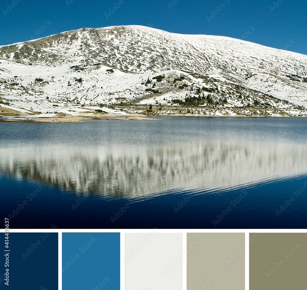 Color palette swatches of blue lake water and white snow in mountain ...