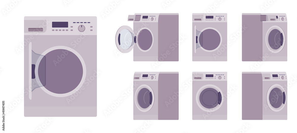 Washing Machine grey set, laundry clothes washer home appliance. Front ...