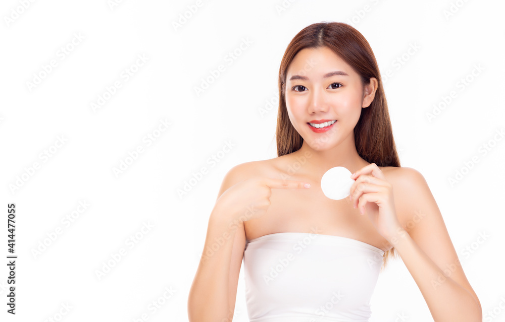 Young woman cleaning beauty face, using cotton pads Beautiful asian ...