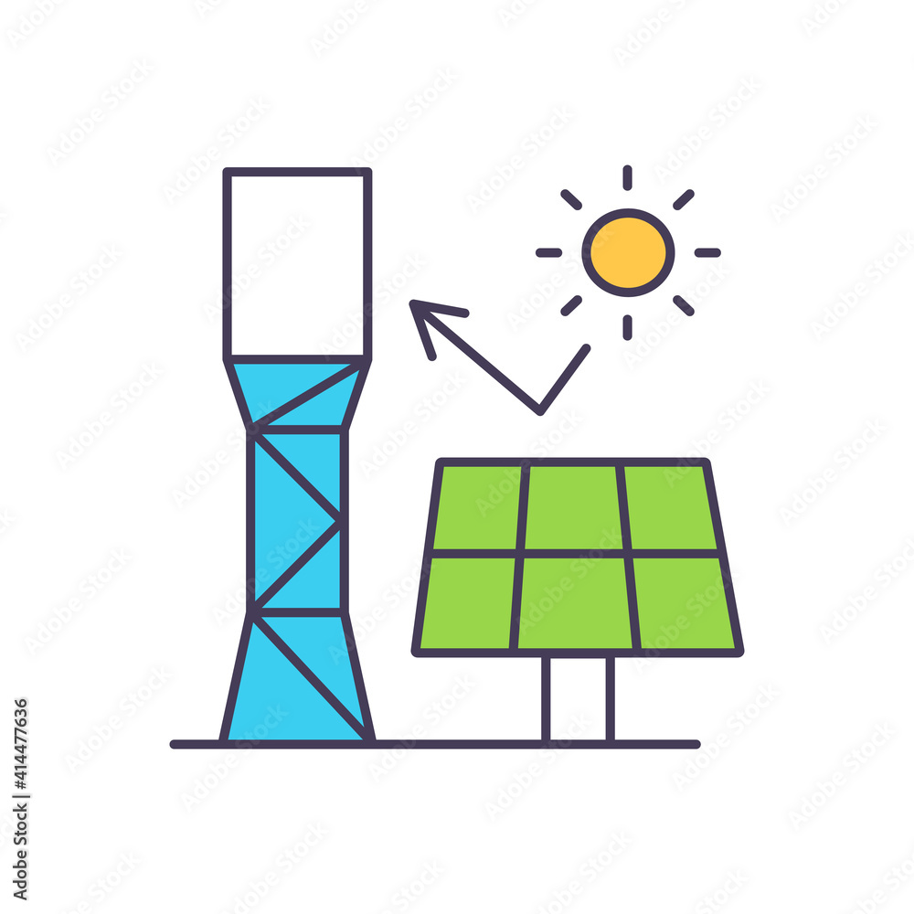 Rays of sun hitting solar panel RGB color icon. Energy storage and ...