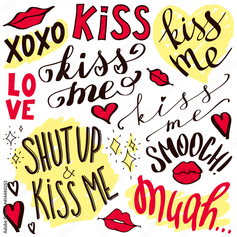 Kiss me hand drawn set. Handwritten lettering. Lips, hearts and short ...