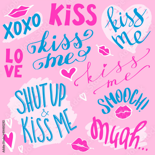 Kiss me hand drawn set. Handwritten lettering. Lips, hearts and short ...