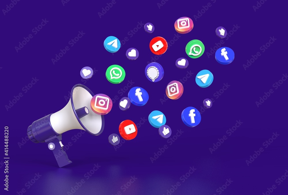 Megaphone with round button social media icons. Social media marketing ...