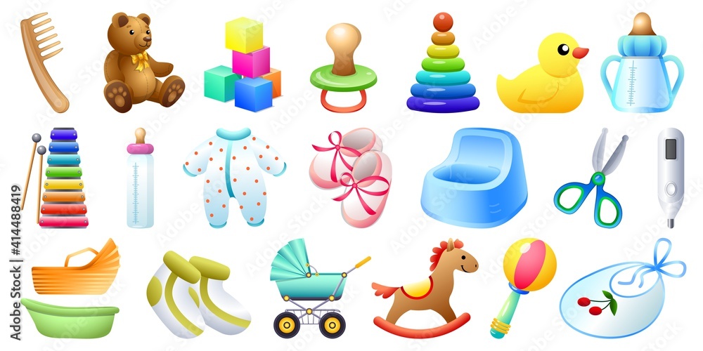 Baby items icons set. Cartoon set of baby items vector icons for web ...