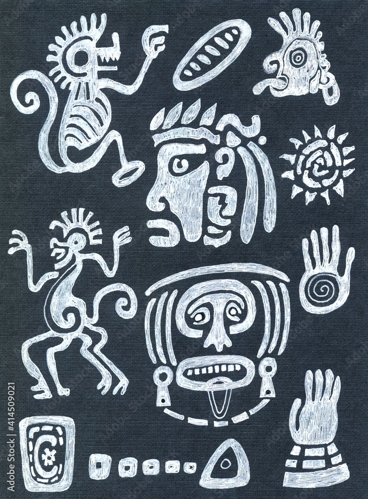Maya and Aztec symbols.ancient mexican people,monkeys,masks. Native ...