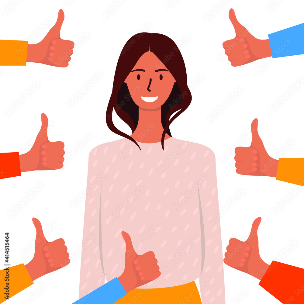 A flat cartoon illustration of a smiling woman surrounded by thumbs-up ...