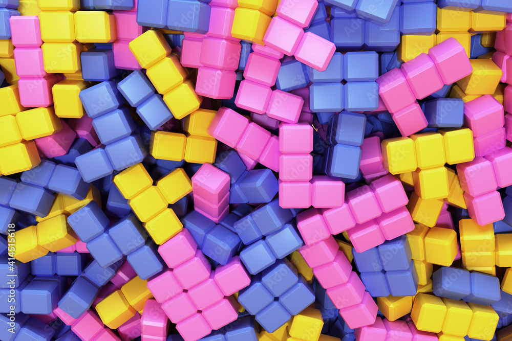 Tetris game pieces 3D render. Blocks falling with speed from the top to ...